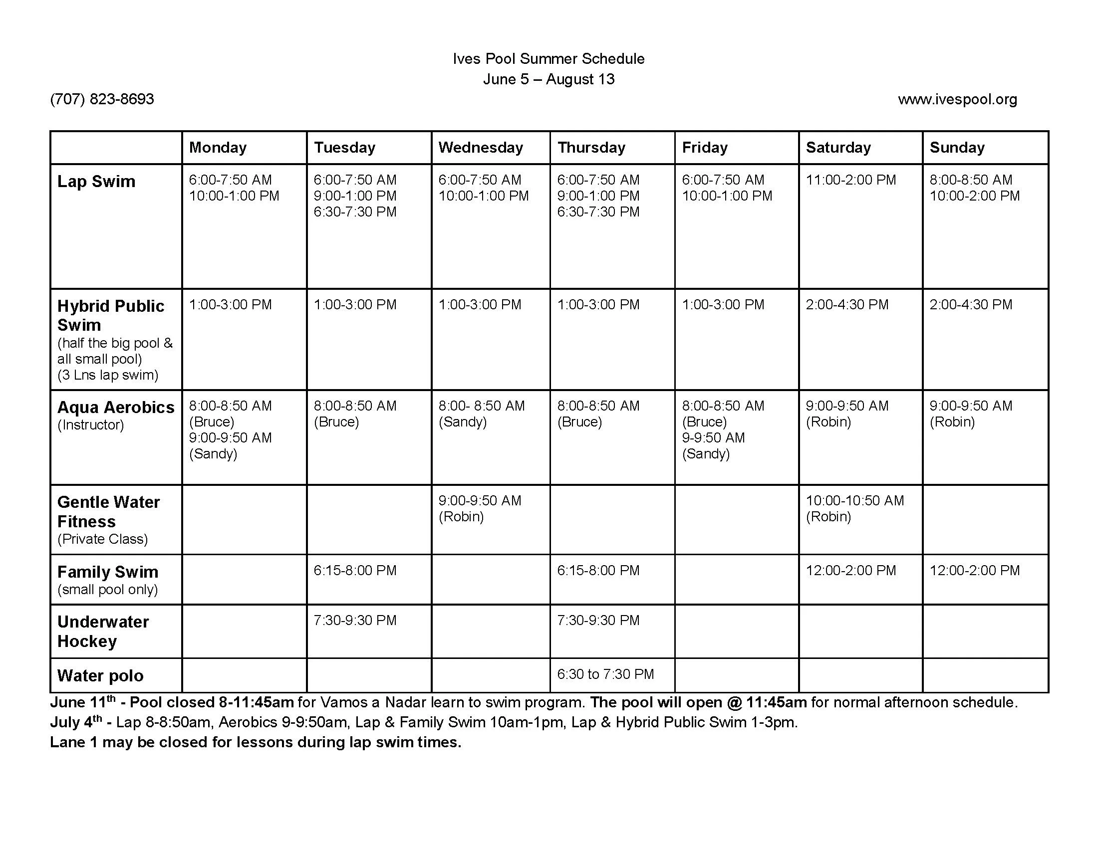Schedule — Ives Pool