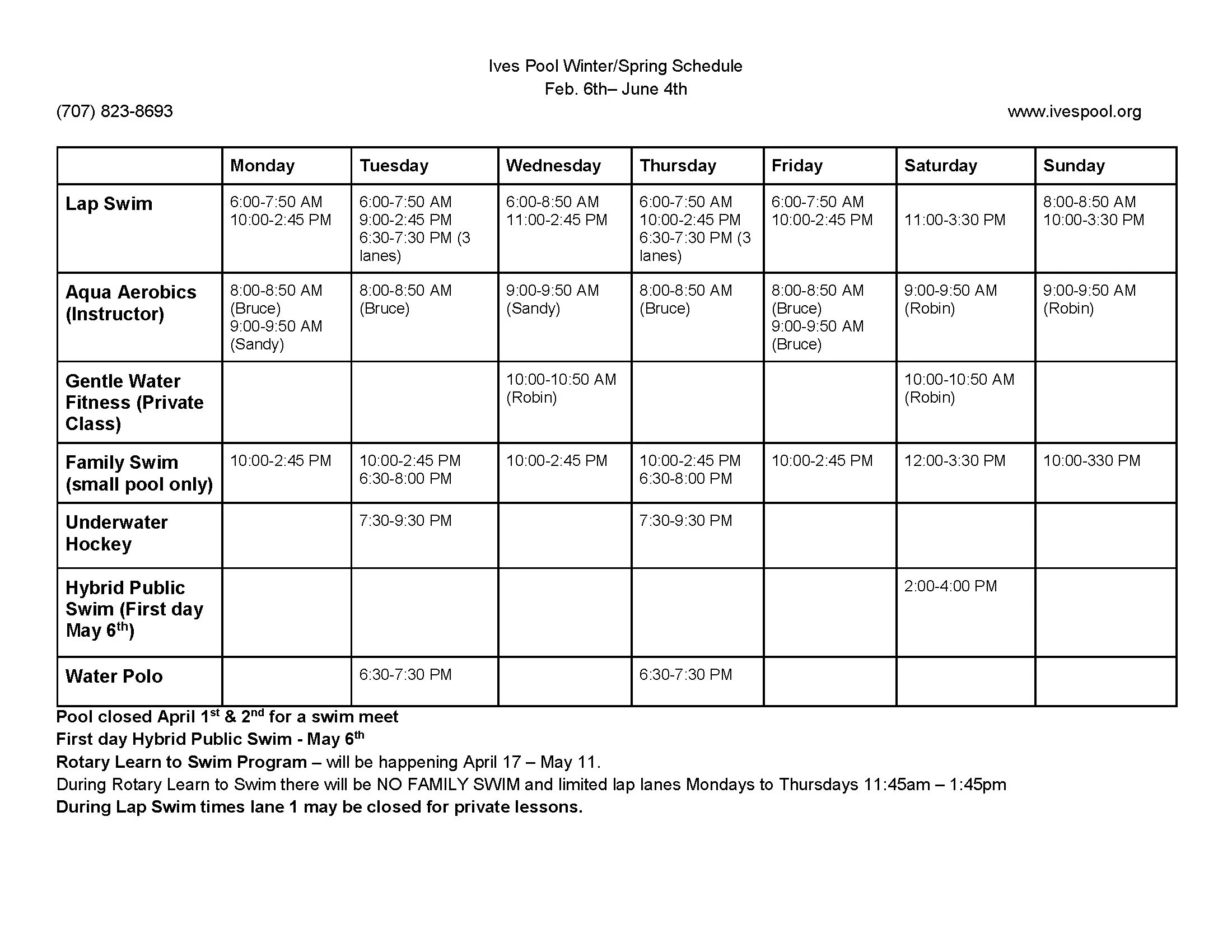 Schedule — Ives Pool