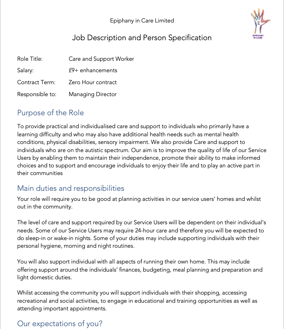 Support Worker — Epiphany in Care