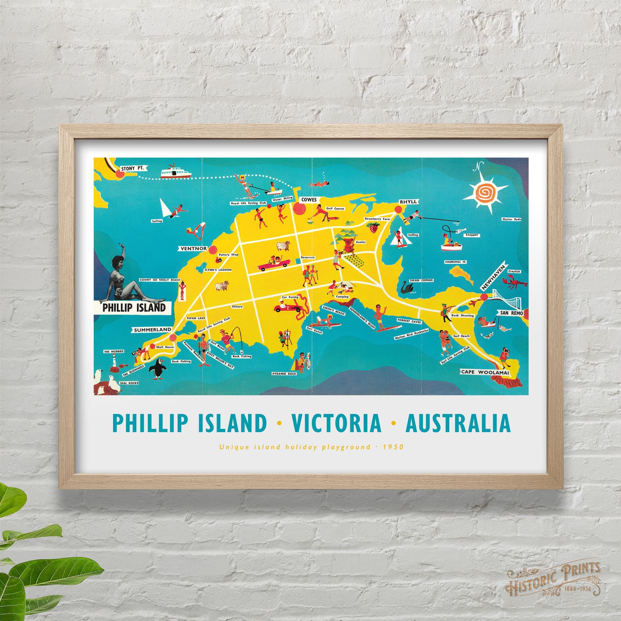 Phillip Island 1950 Retro Tourist Map Framed A1 Print — Historic Prints ...