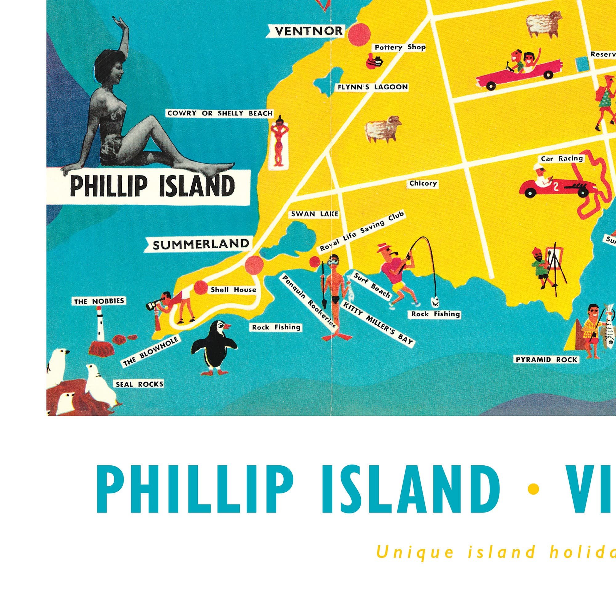 Phillip Island 1950 Retro Tourist Map Framed A1 Print — Historic Prints ...