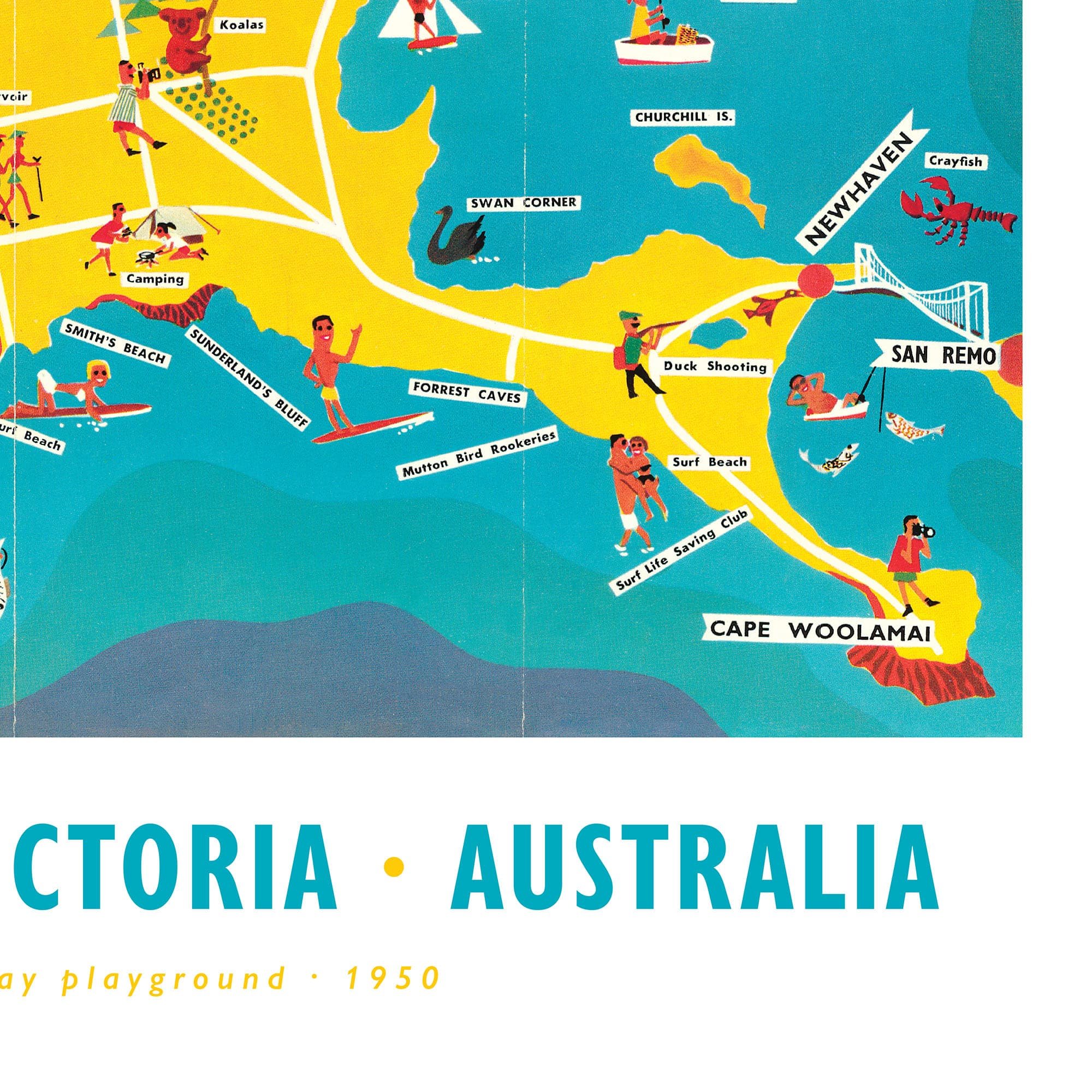 Phillip Island 1950 Retro Tourist Map Framed A1 Print — Historic Prints ...