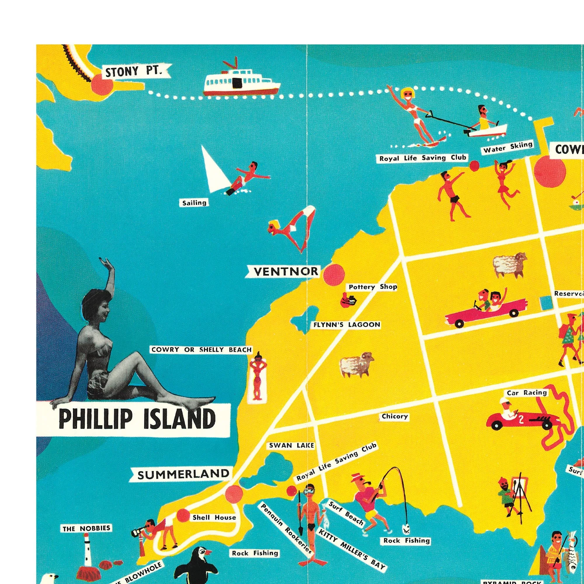 Phillip Island 1950 Retro Tourist Map Framed A1 Print — Historic Prints ...
