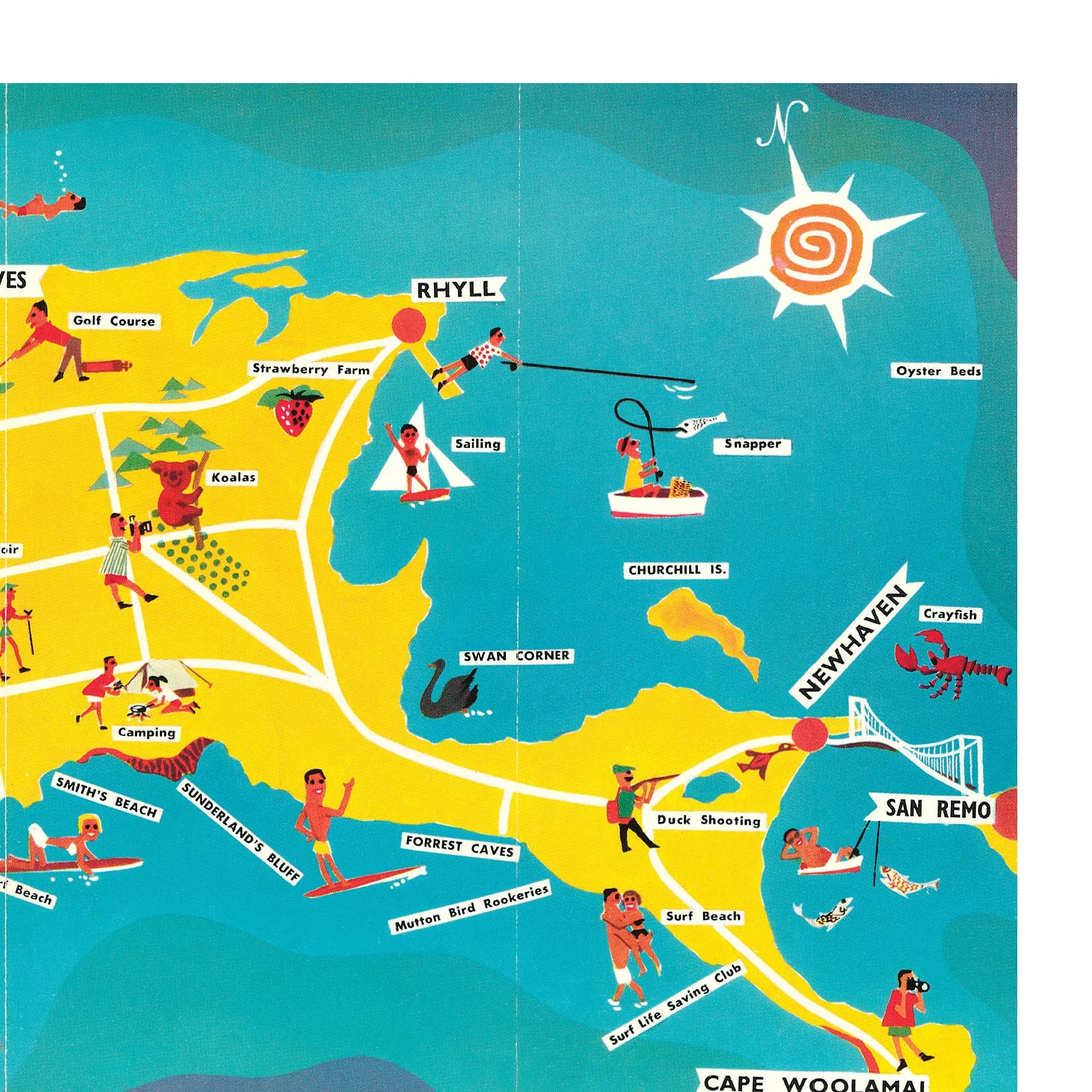 Phillip Island 1950 Retro Tourist Map Framed A1 Print — Historic Prints ...