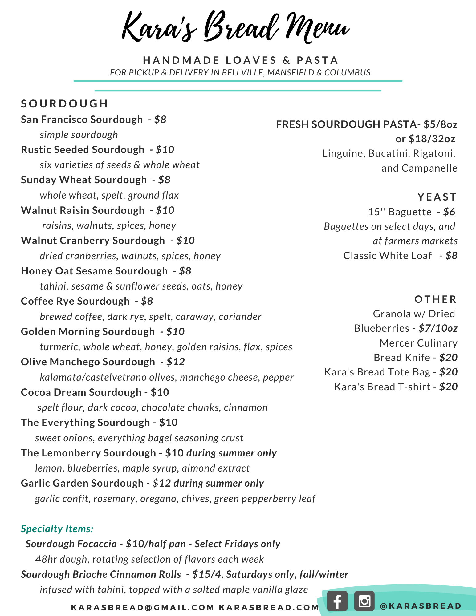 Menu — Kara's Bread