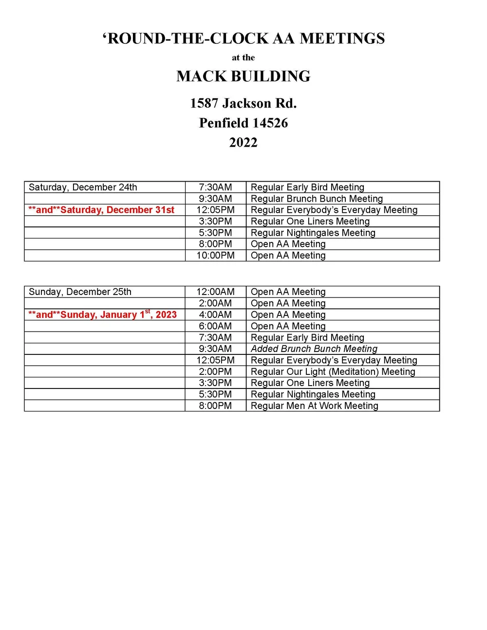 'Round The Clock Meetings — Rochester Area Intergroup