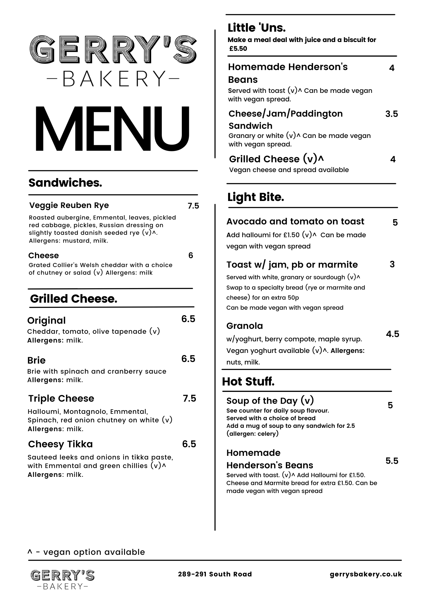 Menu 1 — Gerry's Bakery