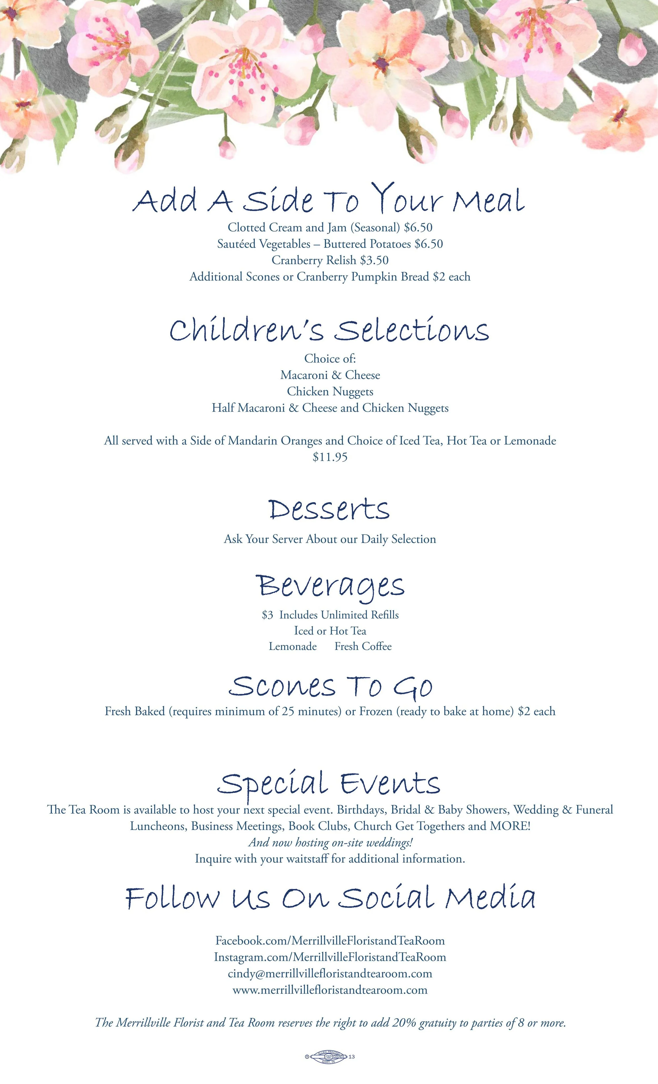 Menu — Merrillville Florist & Tea Room