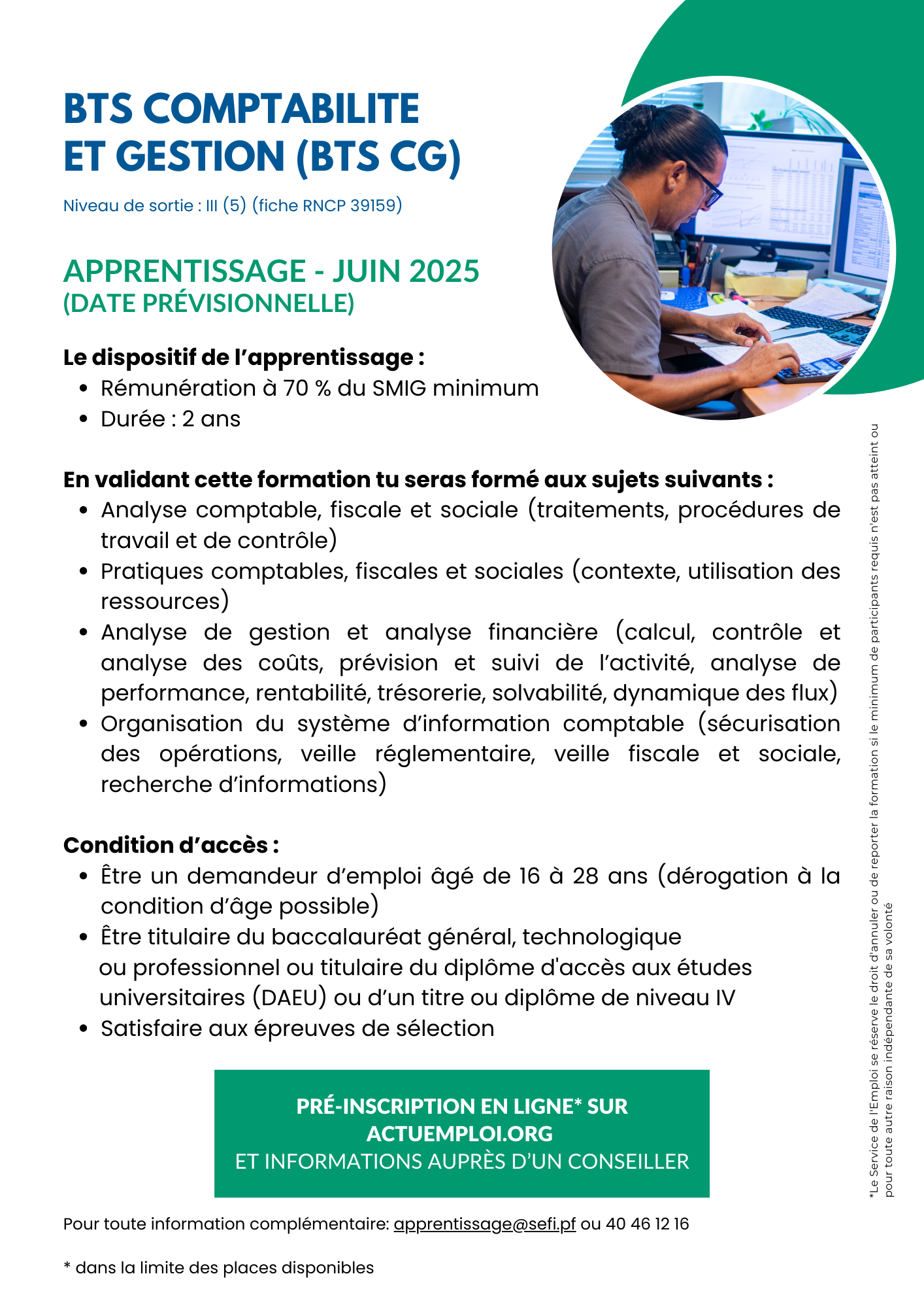 APPRENTISSAGE : BTS COMPTABILITE ET GESTION (BTS CG) — L' actualité du Service de l'Emploi