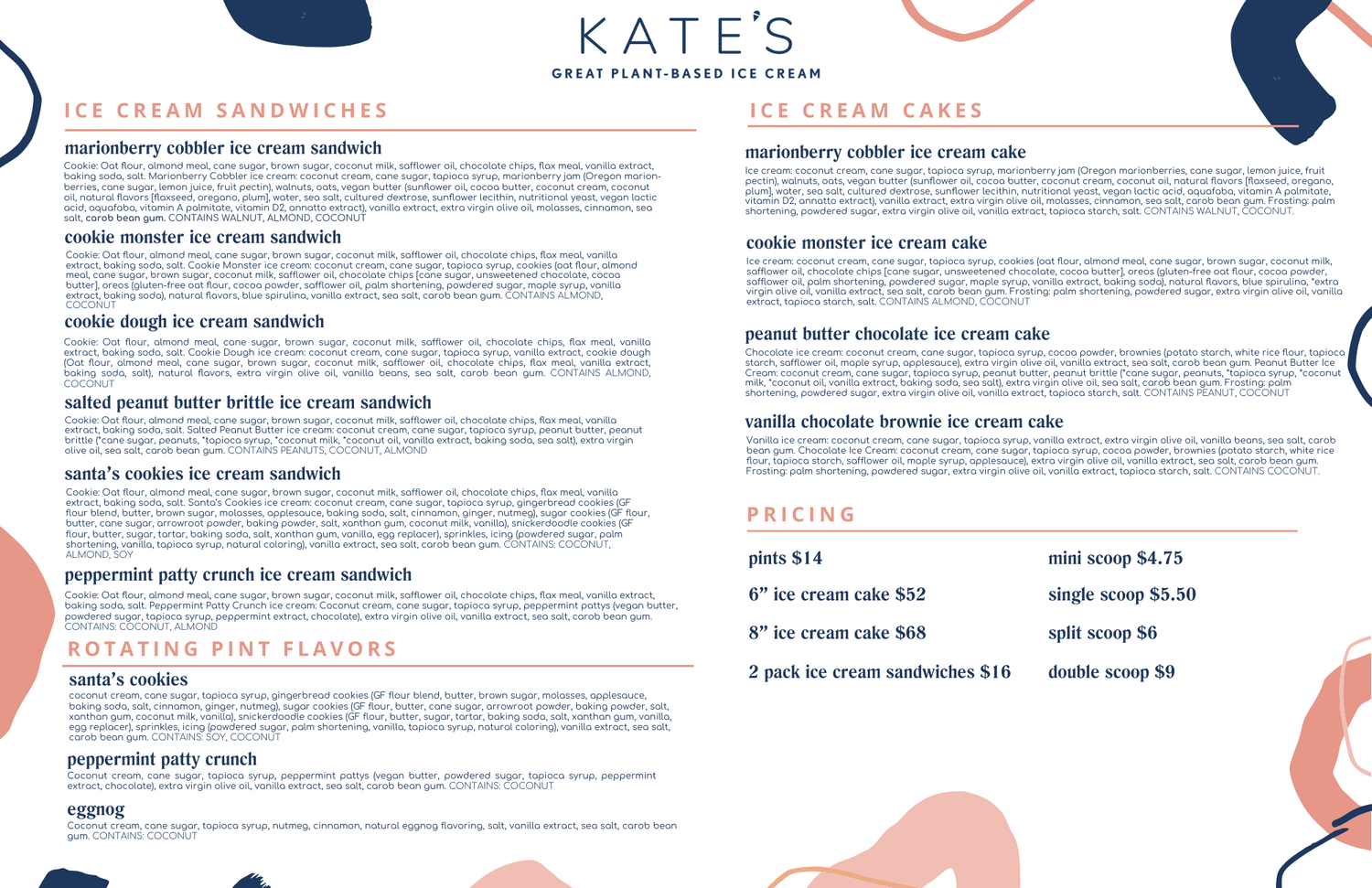 Kate's Ice Cream Menu & Ingredients — Kate's Ice Cream