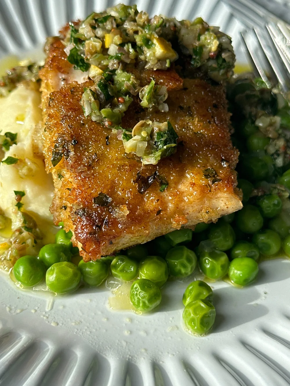 Herb and garlic crumbed fish with olive, caper and lemon salsa ...