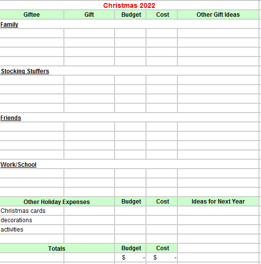 Free Christmas Budget Spreadsheet