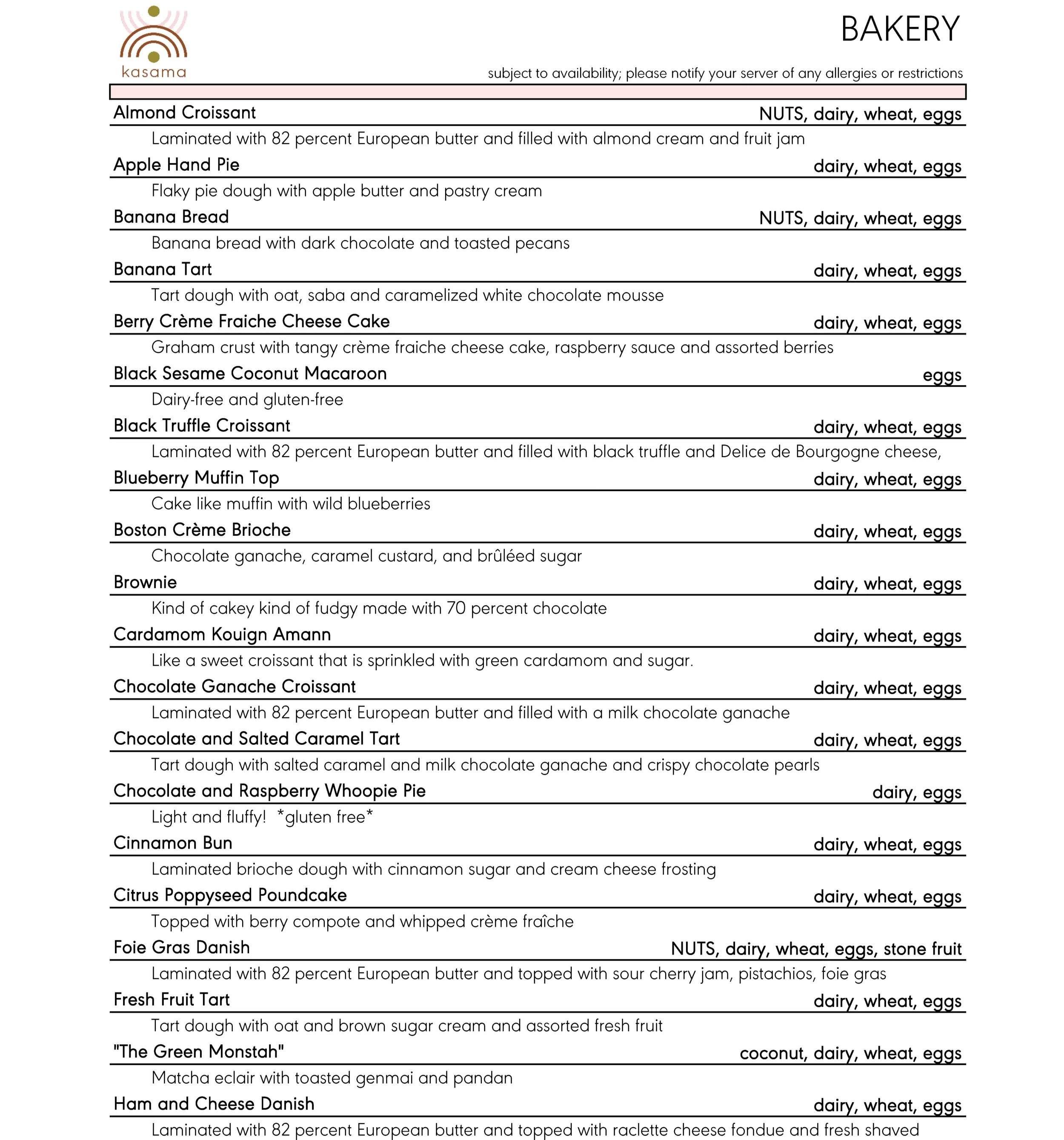 Daytime Menu — Kasama