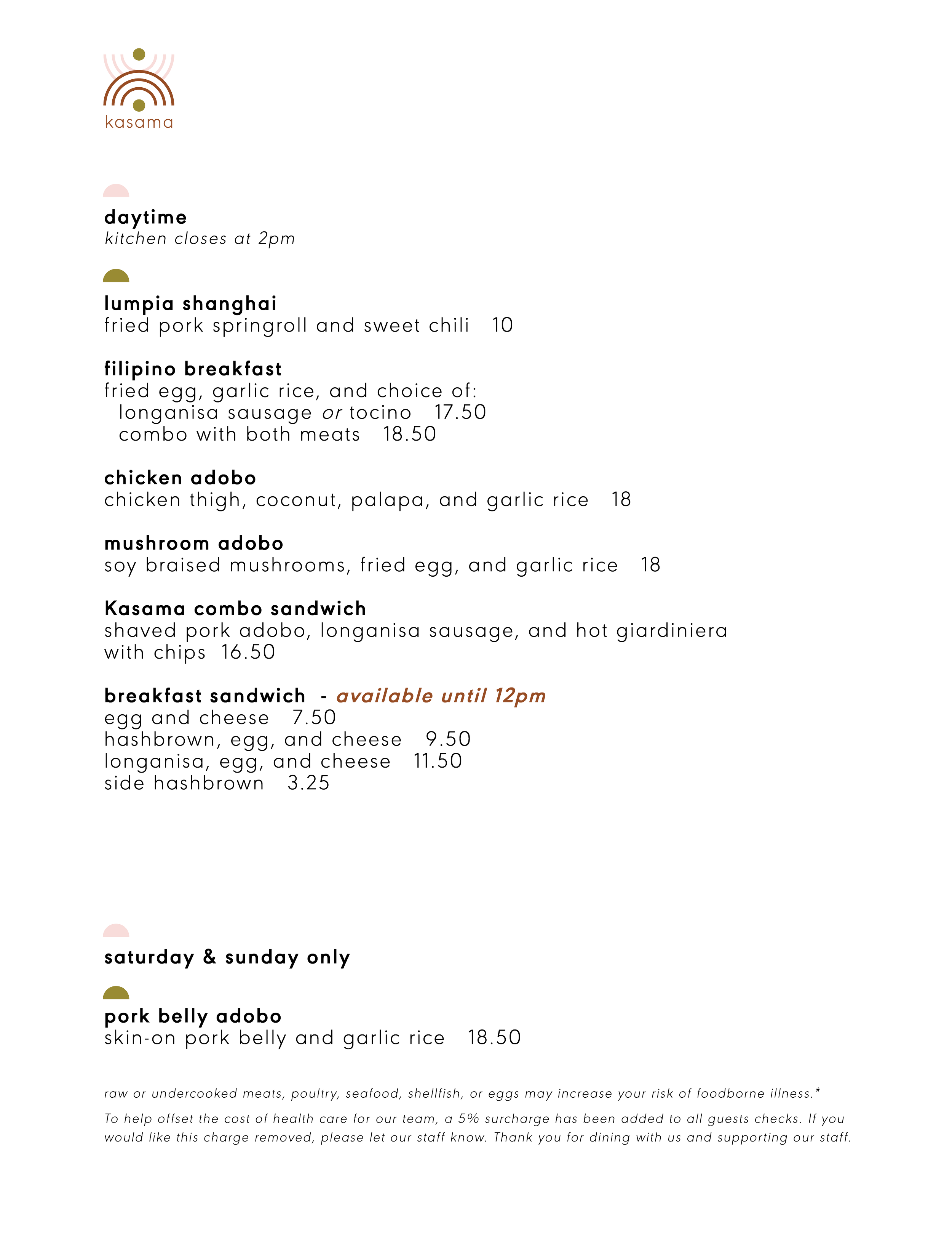 Daytime Menu — Kasama