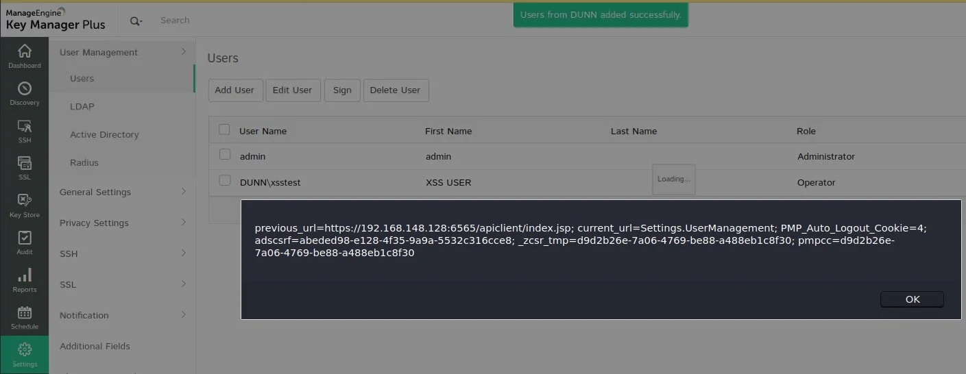 ManageEngine Key Mgr + X-Site Scripting Vuln (CVE-2021-28382) — Raxis