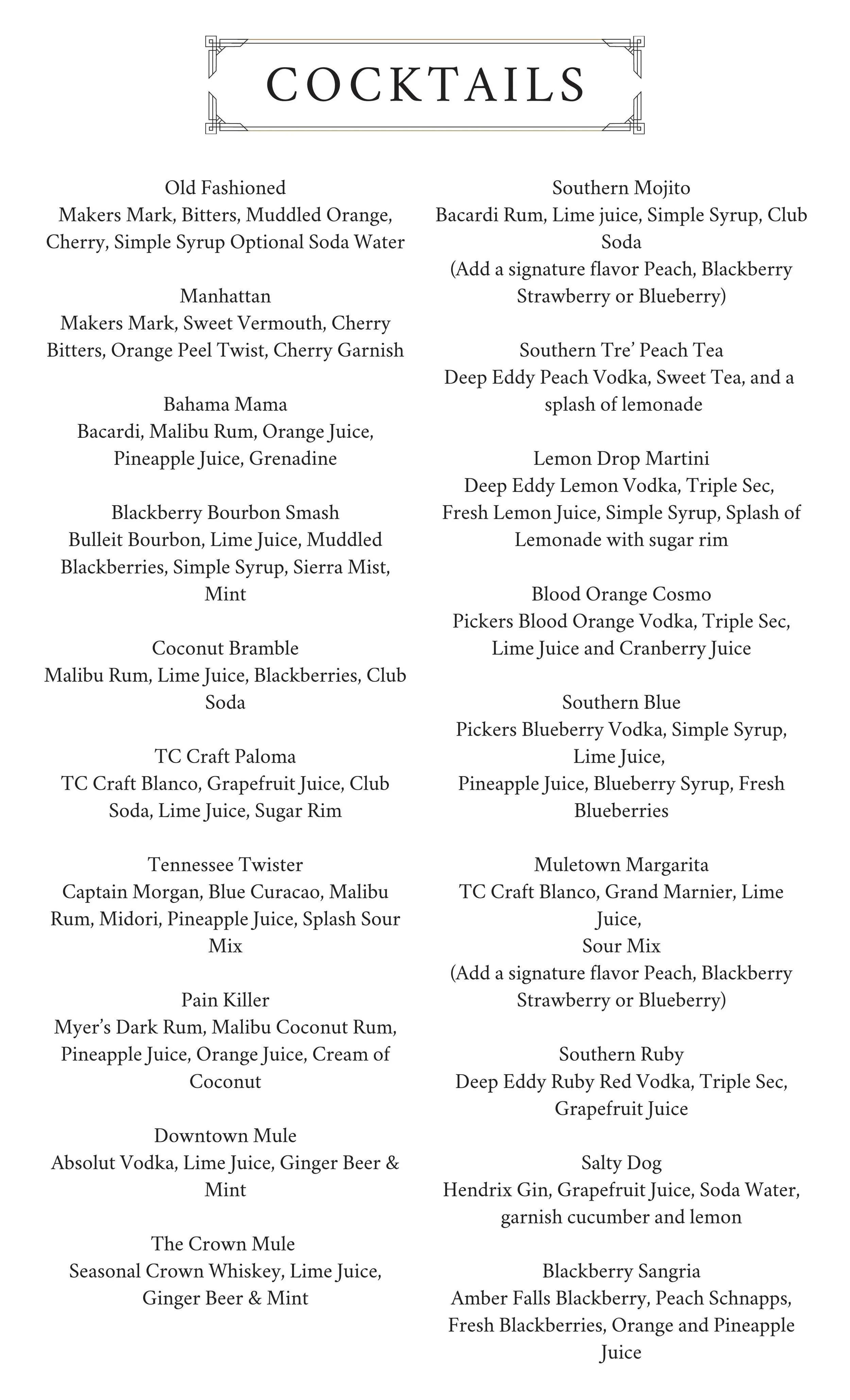 Bar Menu — Southern Tré Steakhouse