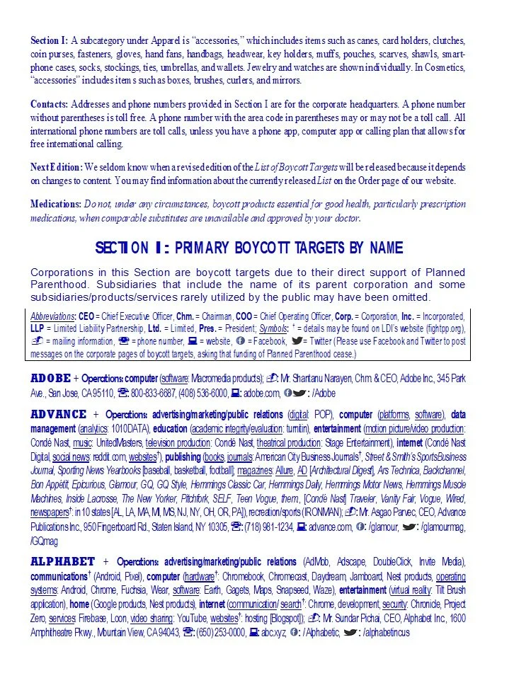 List of Boycott Targets (2024 #1) — Life Decisions International