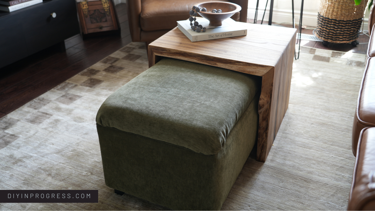 DIY Upholstered Ottoman and Live Edge Waterfall Table Duo — DIY in Progress