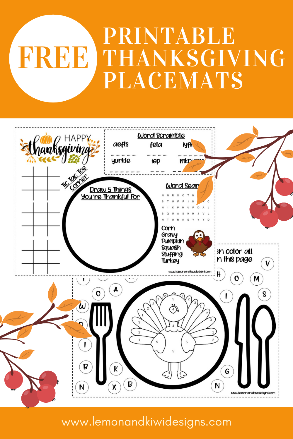 Thanksgiving Activity Placemats {Free Printables} — Lemon & Kiwi Designs