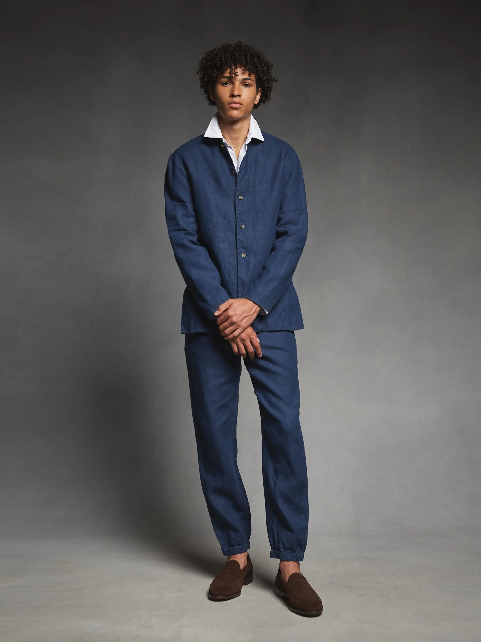 Navy Linen Mandarin Suit - Heron's Ghyll