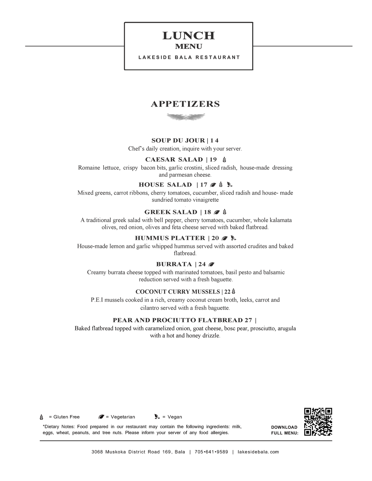 Menu — Lakeside Bala Restaurant
