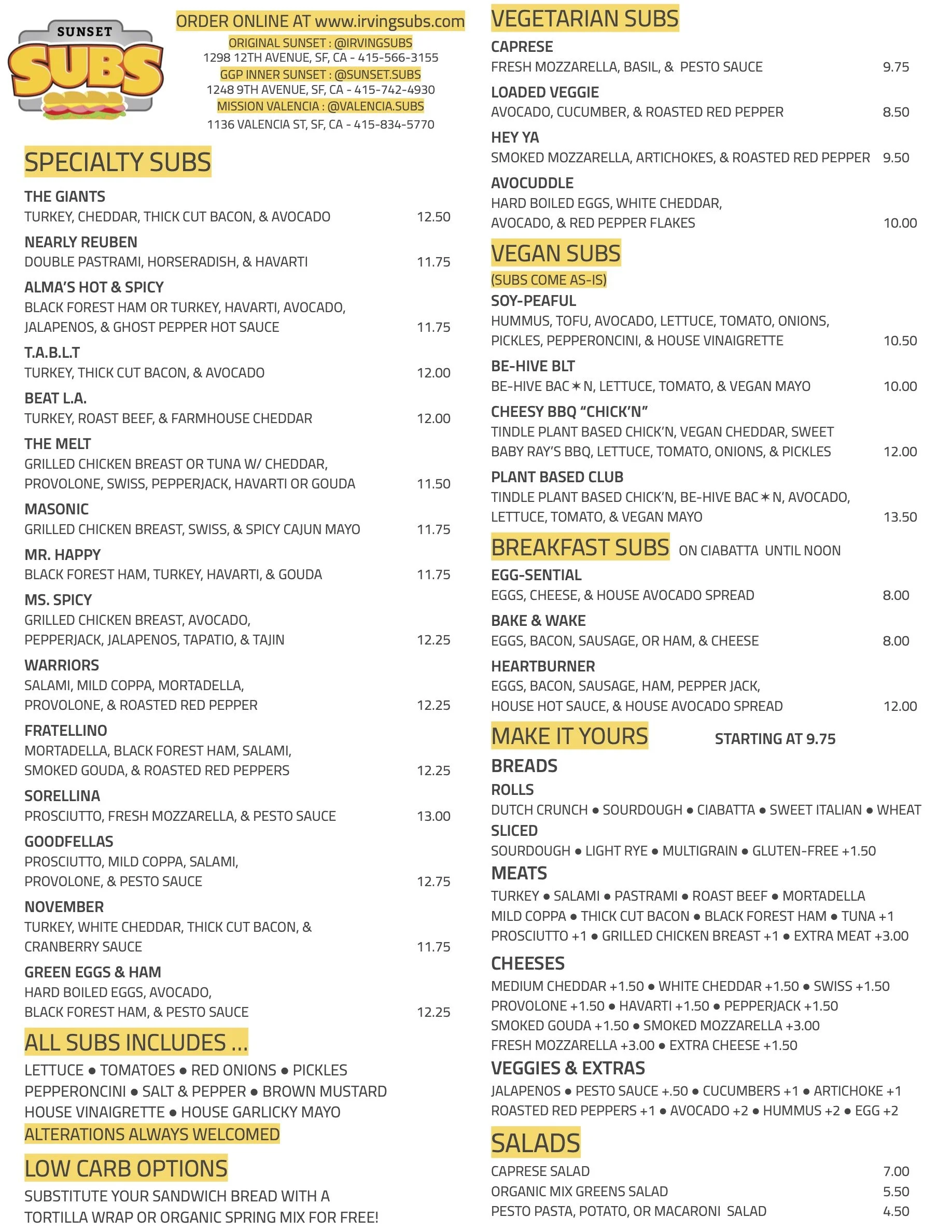 Menu — Irving Subs