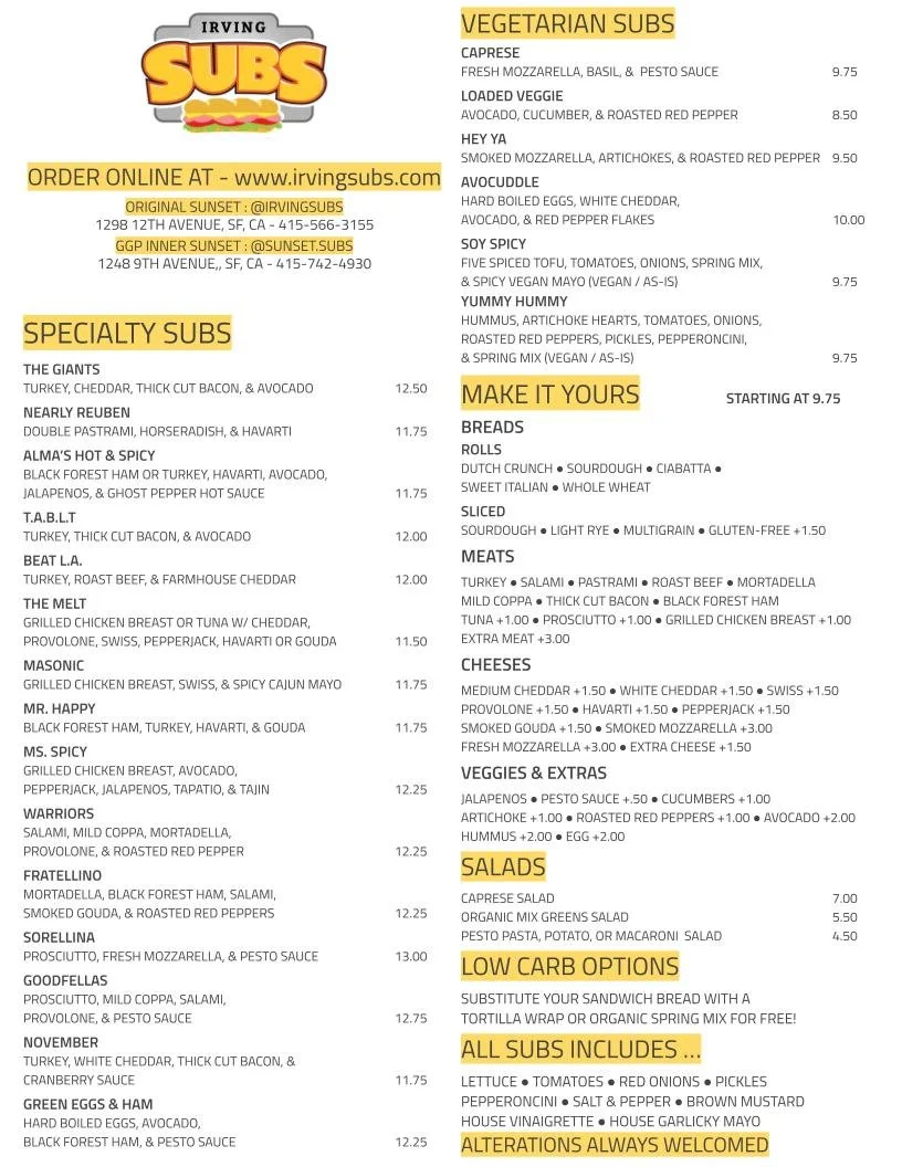 Menu — Irving Subs