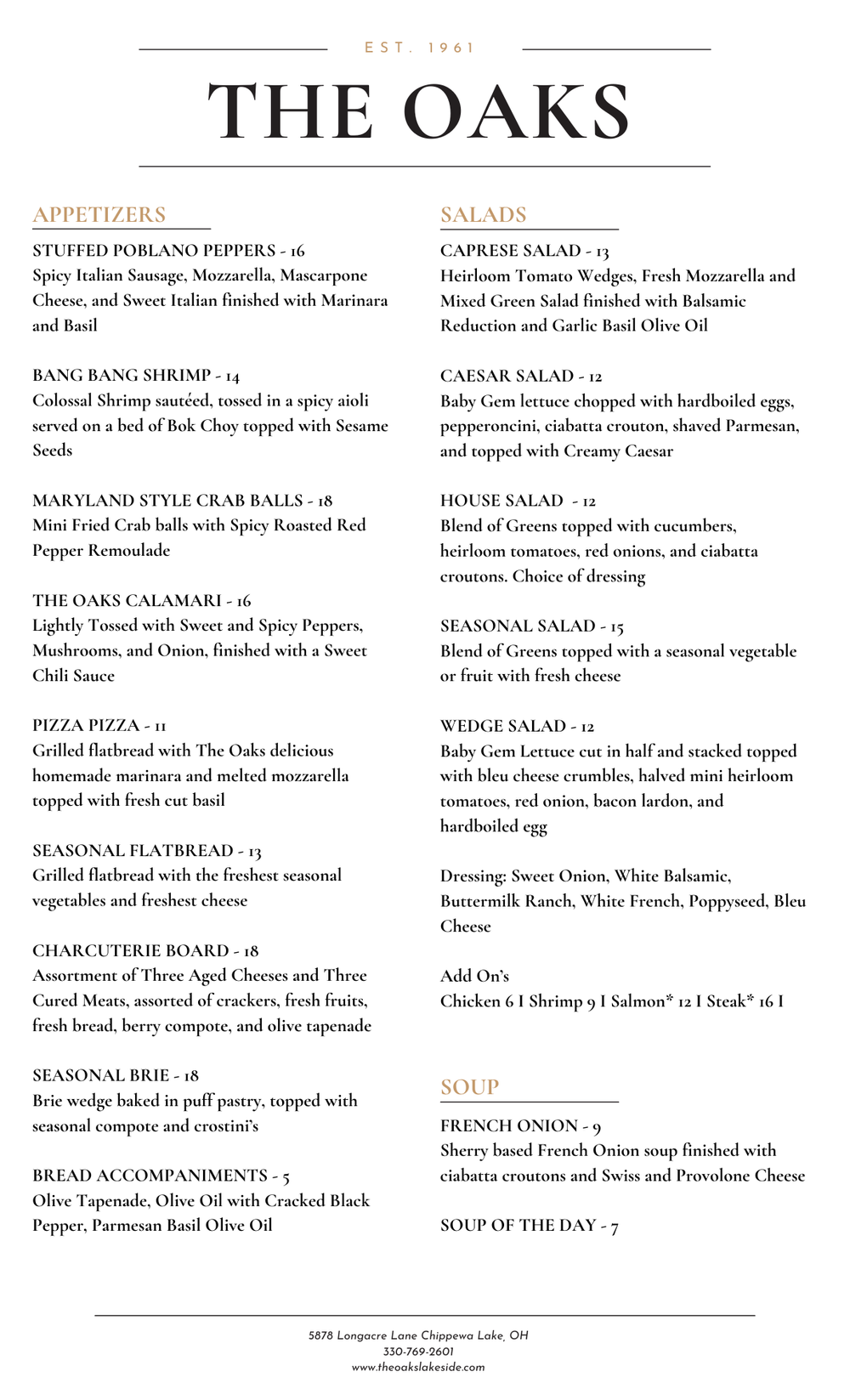 Dinner Menu — The Oaks