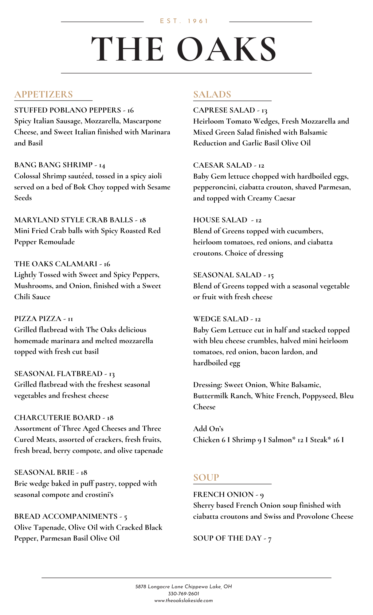 Dinner Menu — The Oaks
