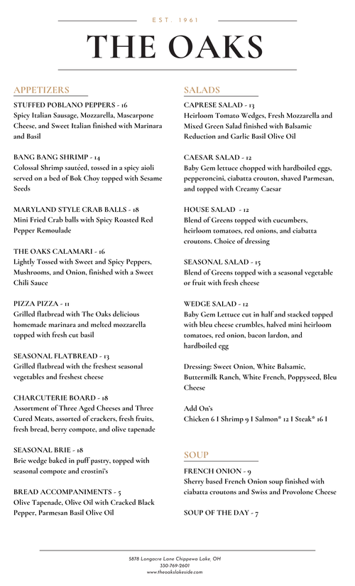 Dinner Menu — The Oaks