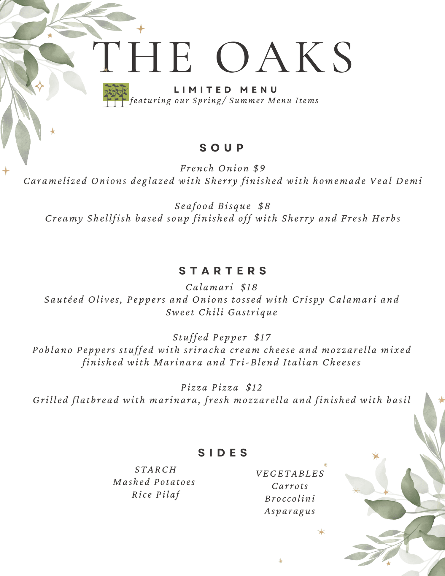 Dinner Menu — The Oaks