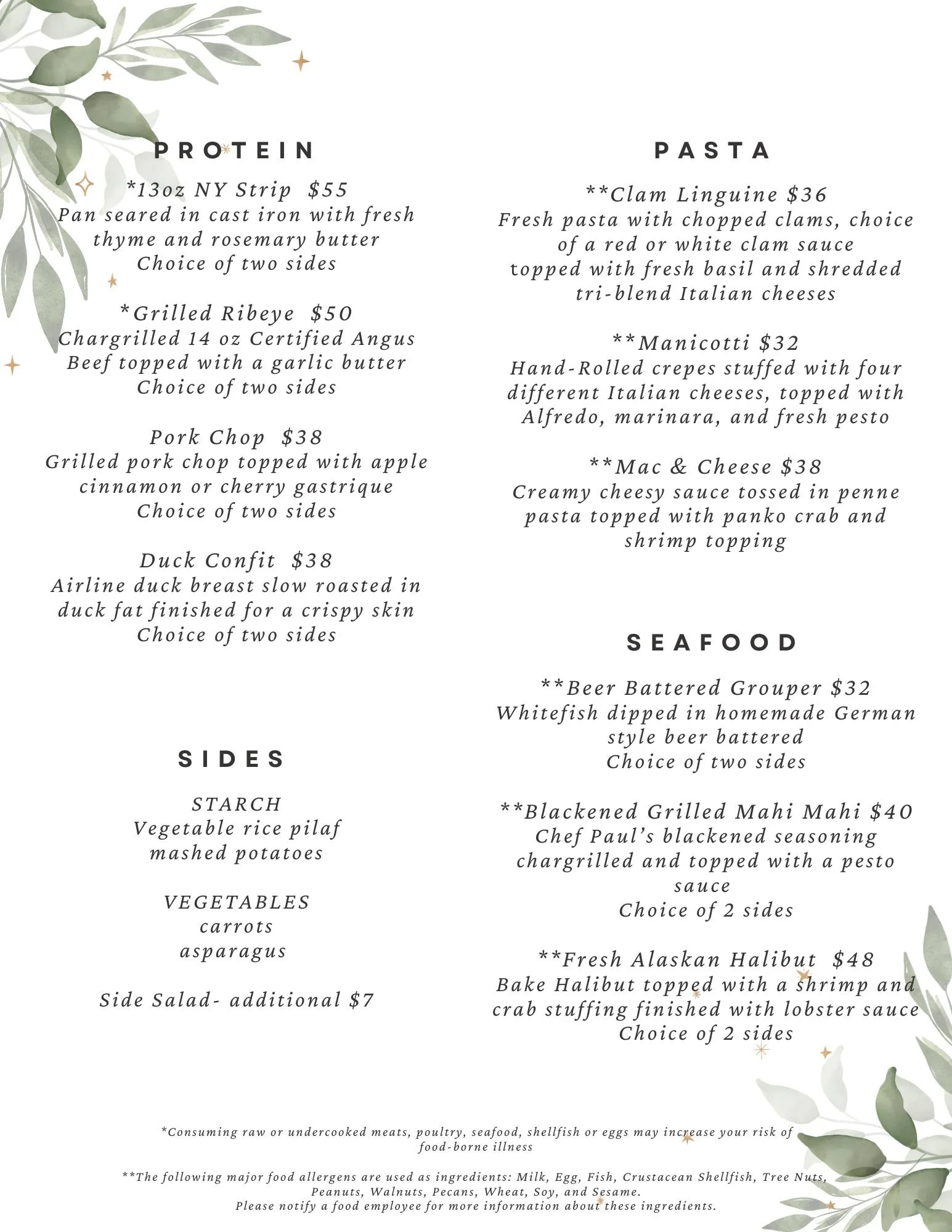 Dinner Menu — The Oaks