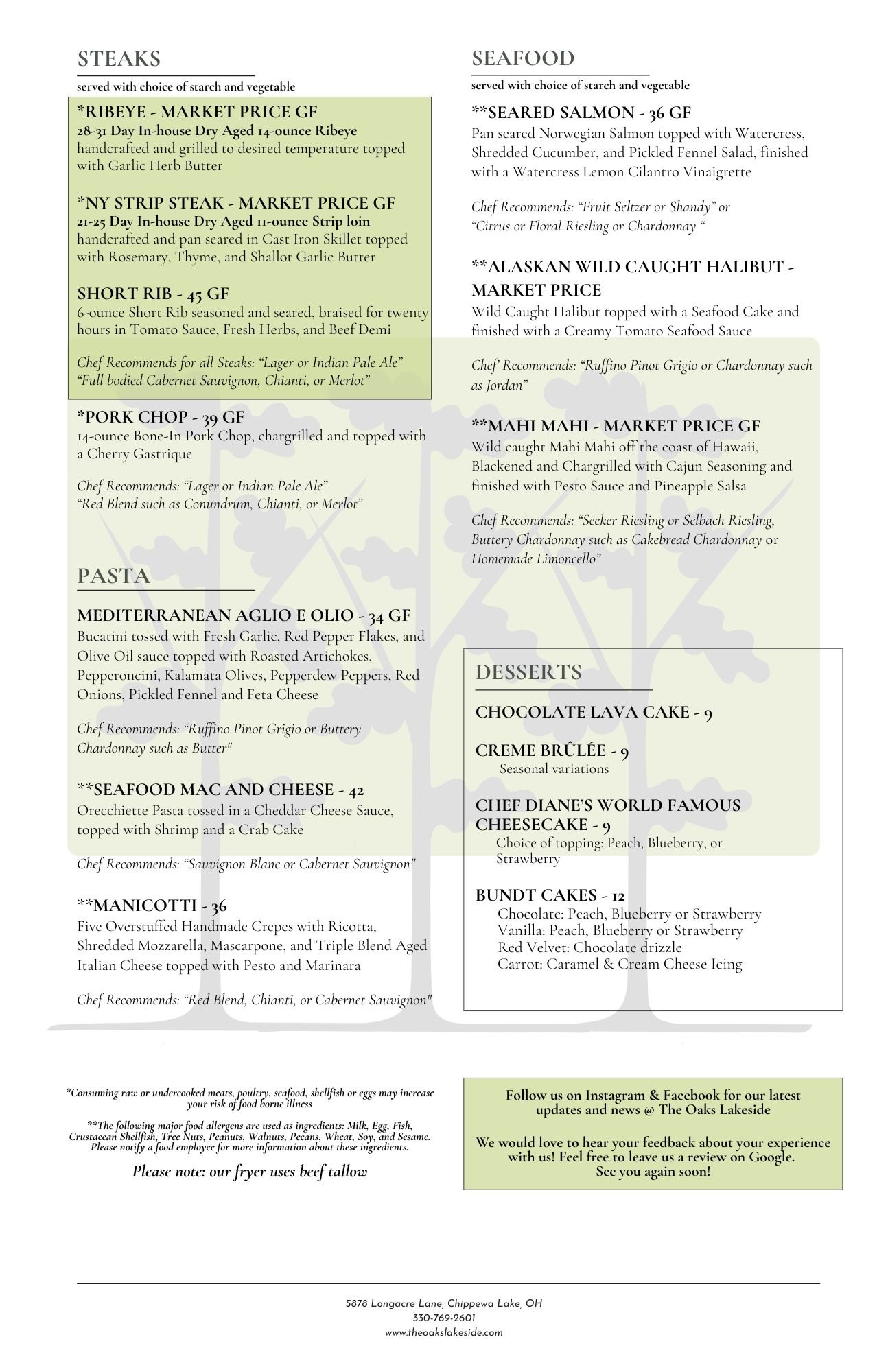 Dinner Menu — The Oaks
