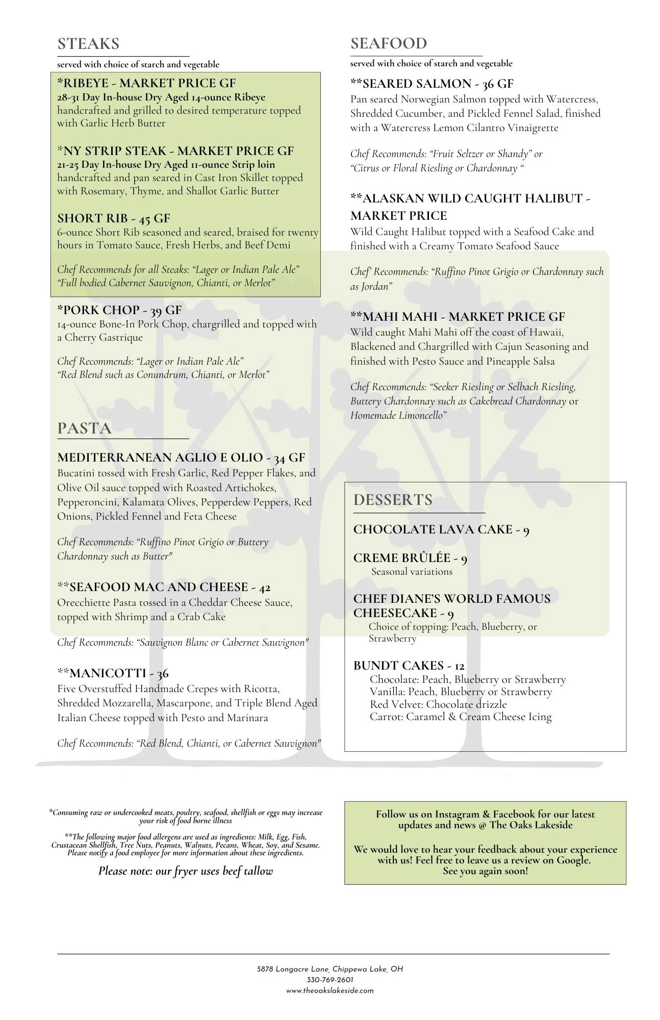 Dinner Menu — The Oaks