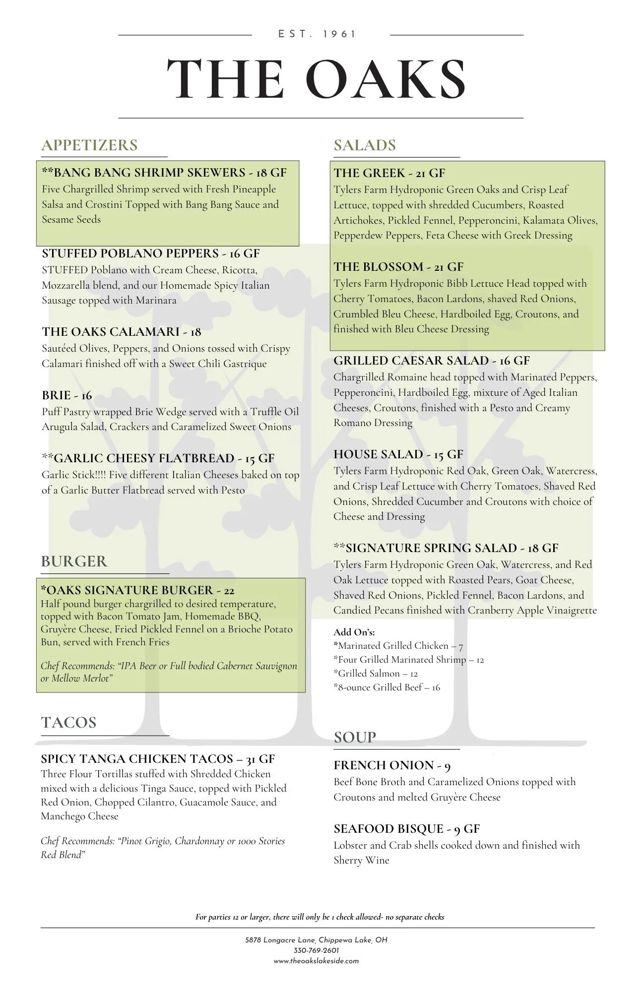 Dinner Menu — The Oaks