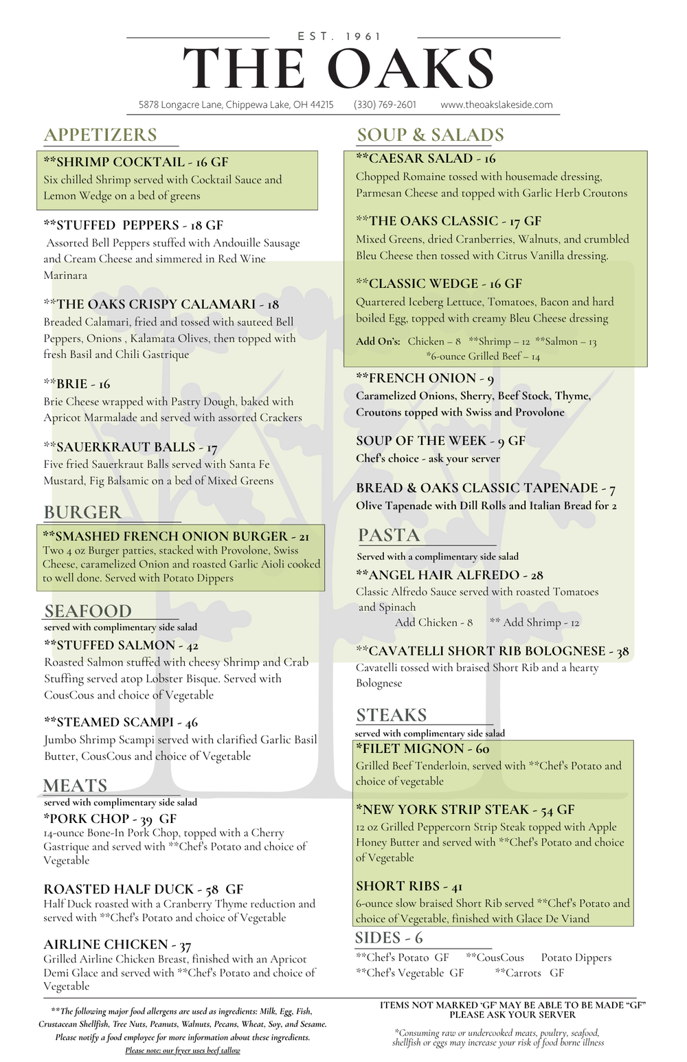 Dinner Menu — The Oaks