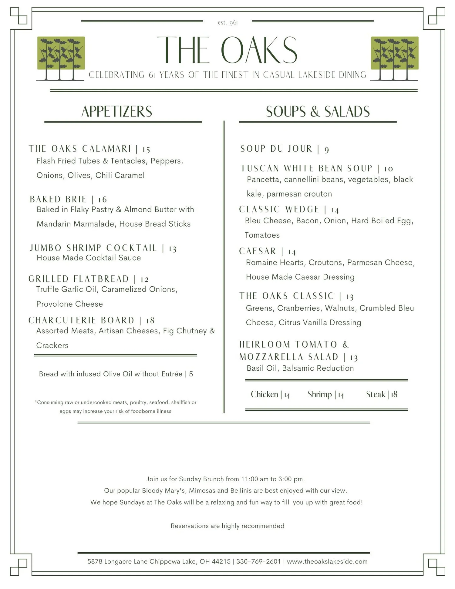 Dinner Menu — The Oaks
