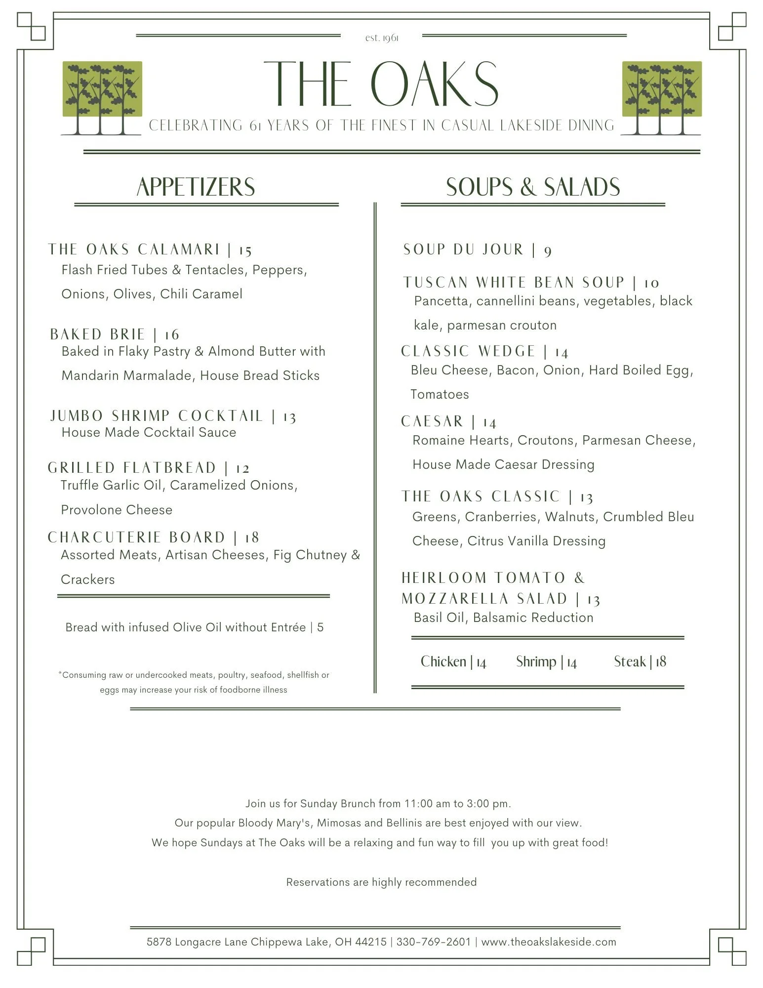 Dinner Menu — The Oaks