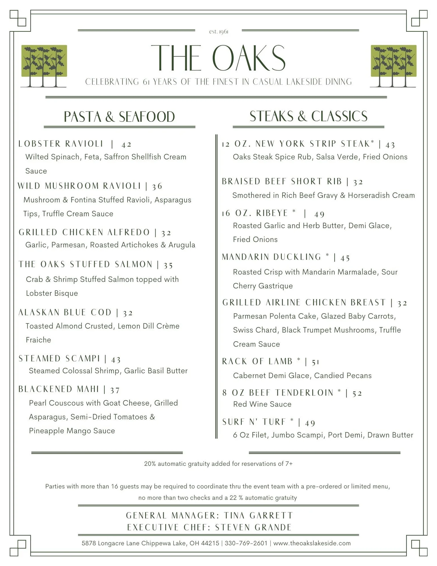Dinner Menu — The Oaks