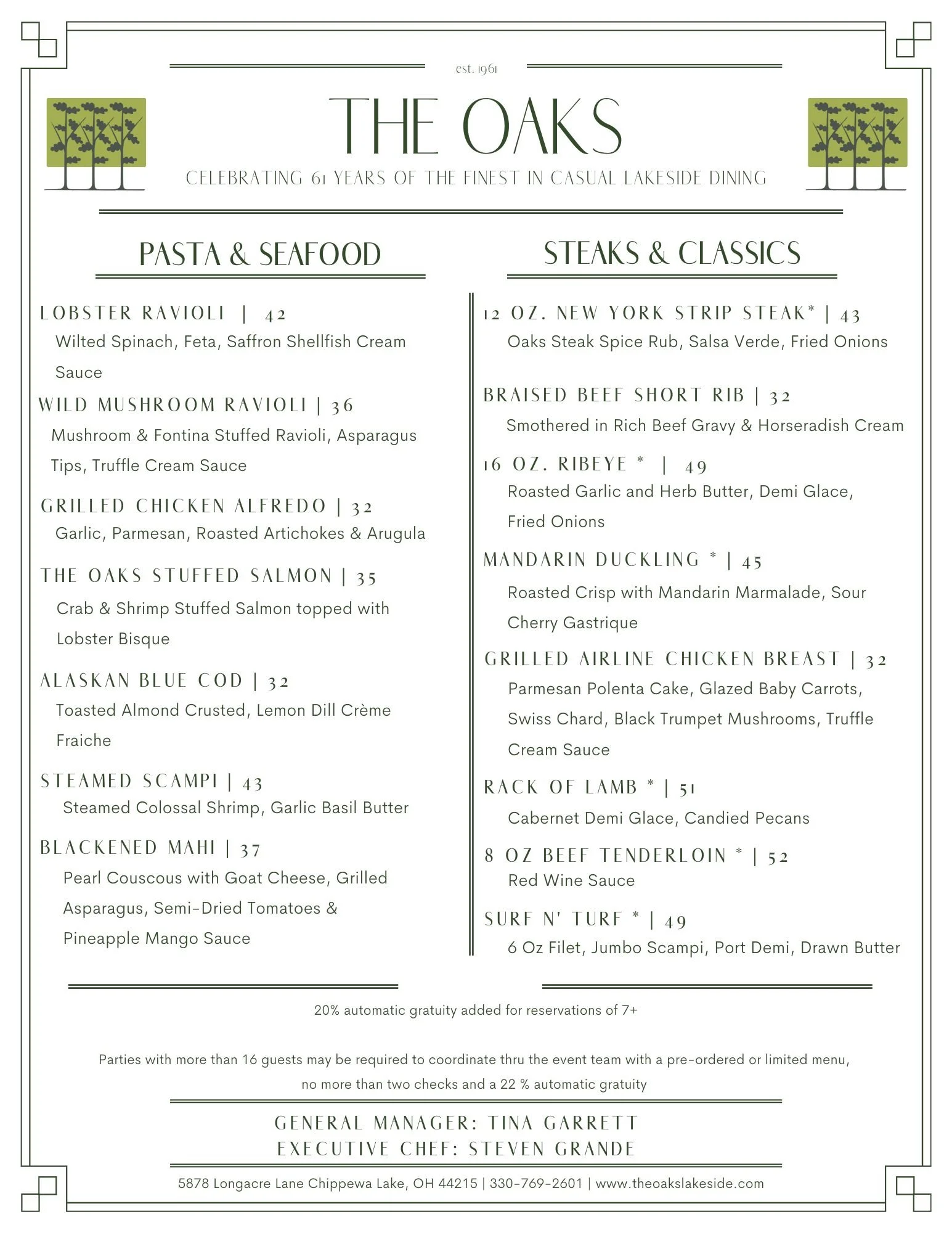 Dinner Menu — The Oaks
