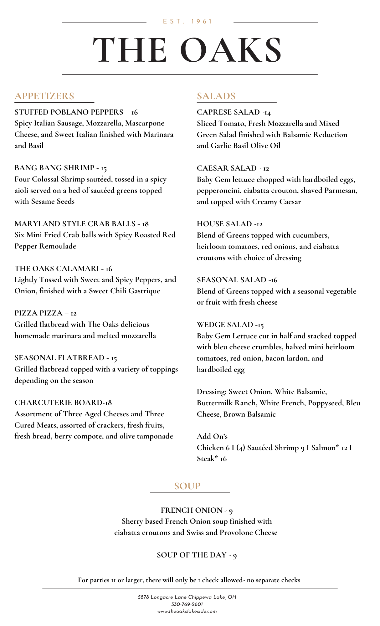 Dinner Menu — The Oaks