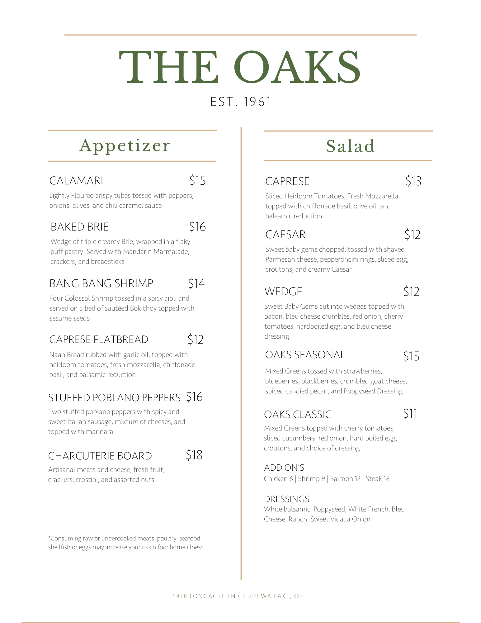 Dinner Menu — The Oaks