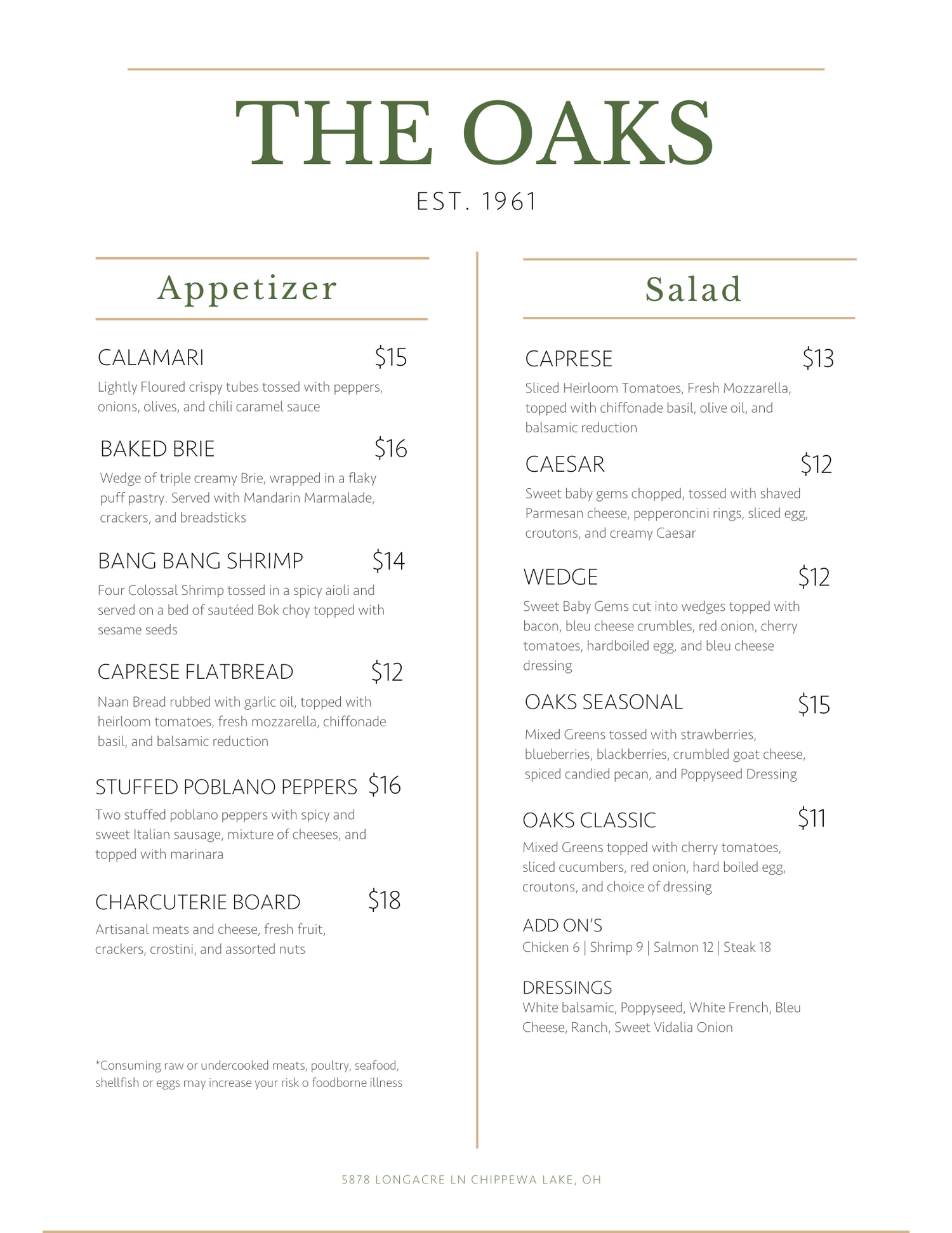 Dinner Menu — The Oaks