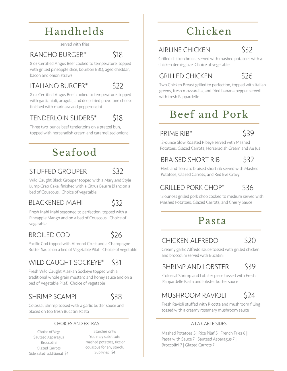 Dinner Menu — The Oaks