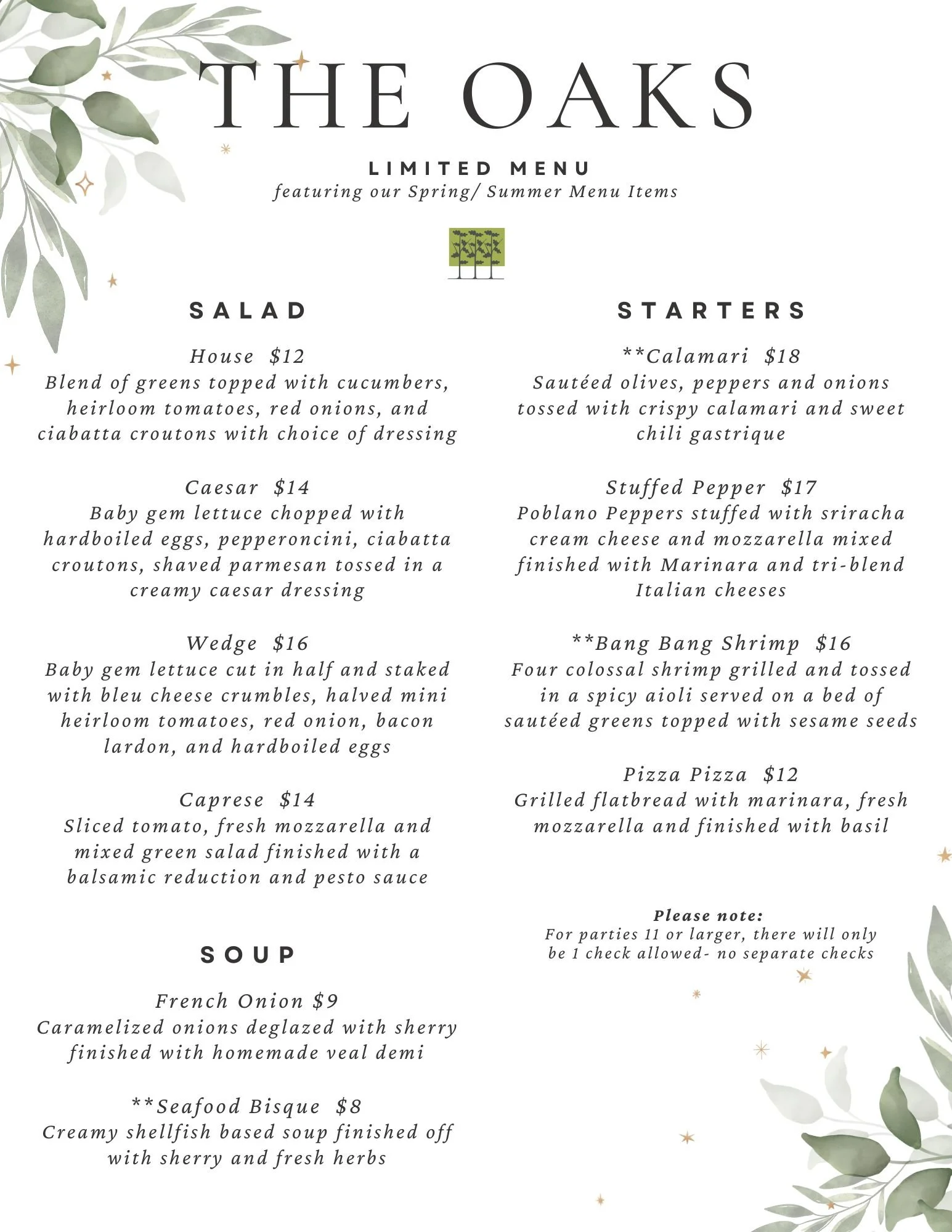 Dinner Menu — The Oaks