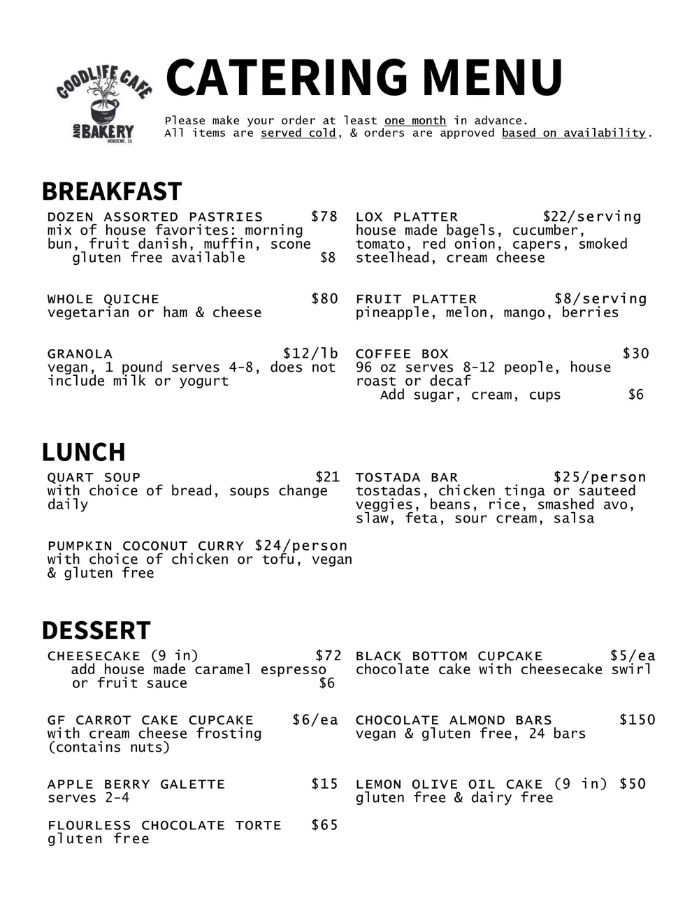 Catering Menu — GoodLife Cafe & Bakery