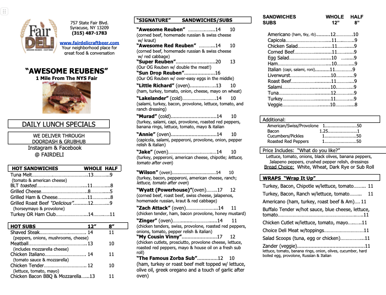 Food Menu — Fair Deli Craft Beer