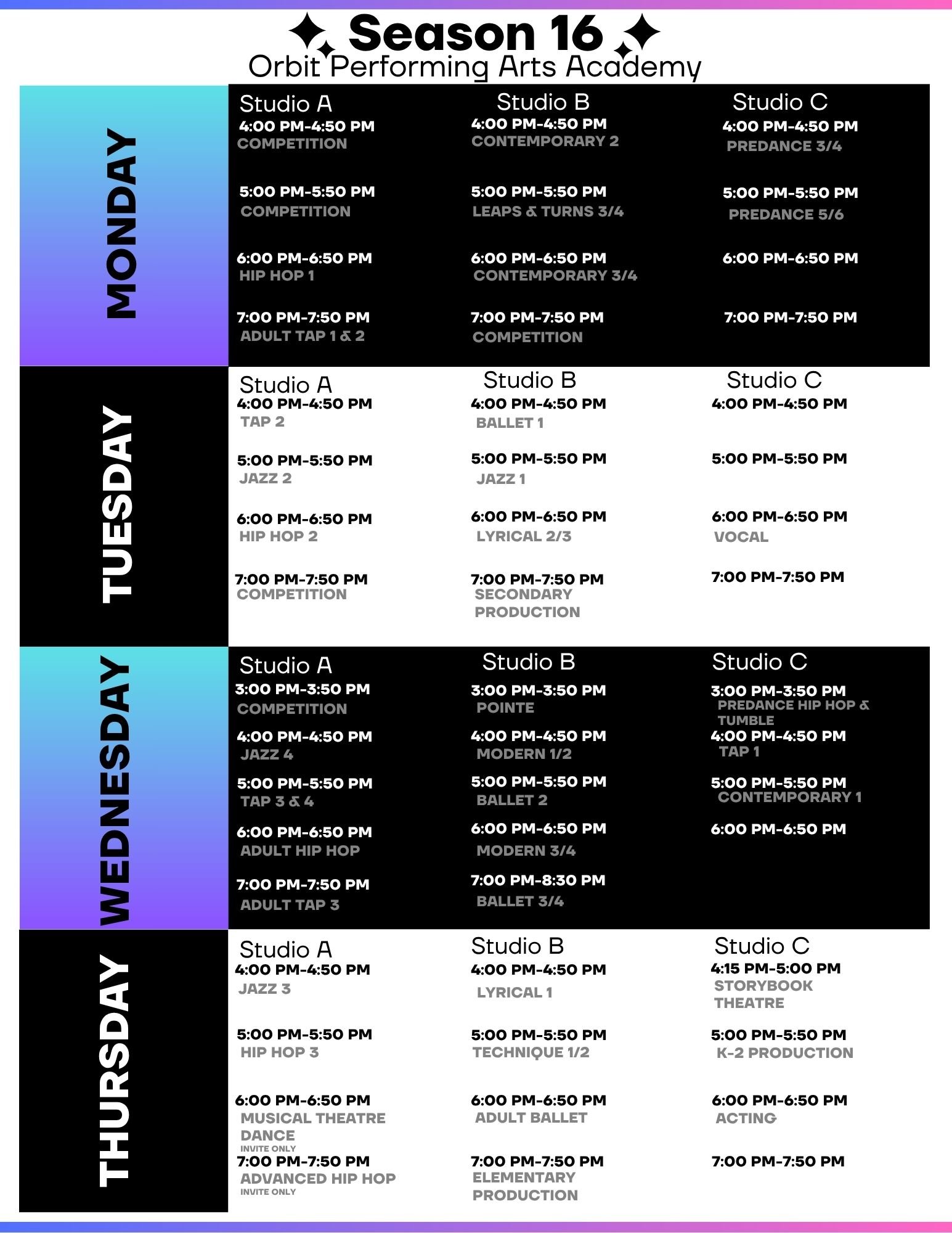 Class Schedule — Orbit Performing Arts Academy