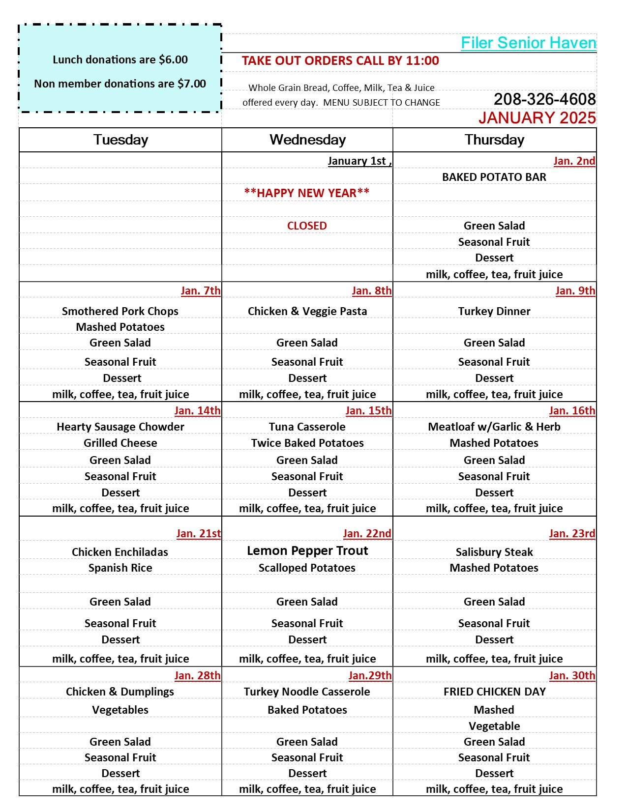 Menu — Filer Senior Haven