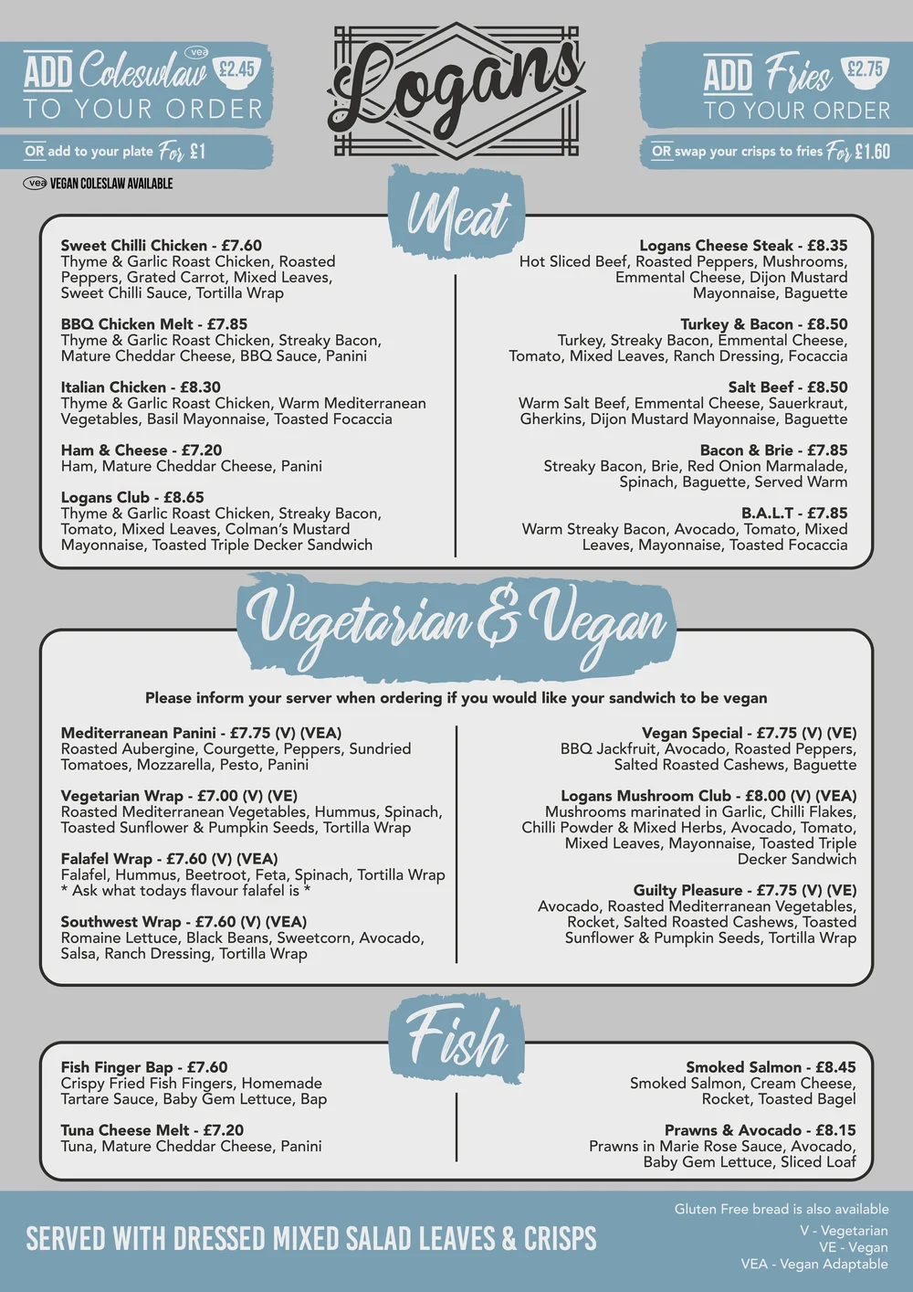 Eat In Menu — Logans Sandwich Bar